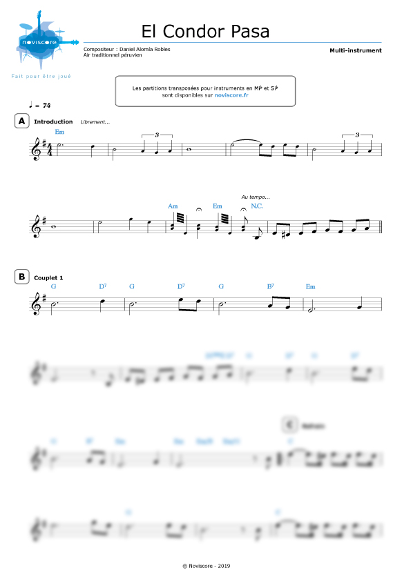 Partition Instrument Soliste El Condor Pasa de Los Incas | Noviscore